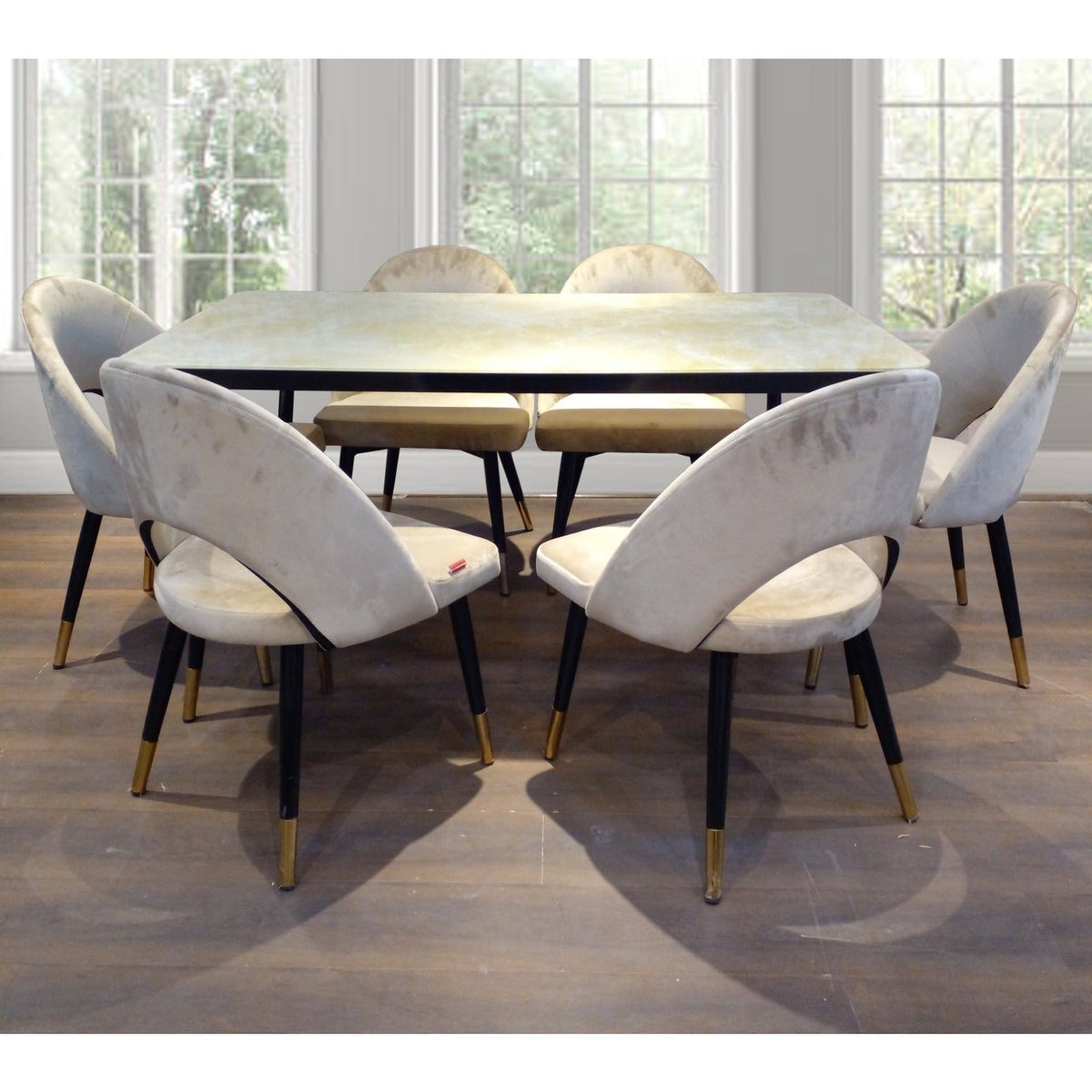 MOBEL MM-EMARALD GLASS TOP 6 SEATER TABLE SET WITH VELVET DAZZLE CHAIRS